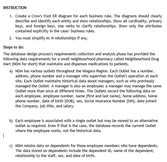Solved INSTRUCTION 1. Create a Crow's Foot ER diagram for | Chegg.com