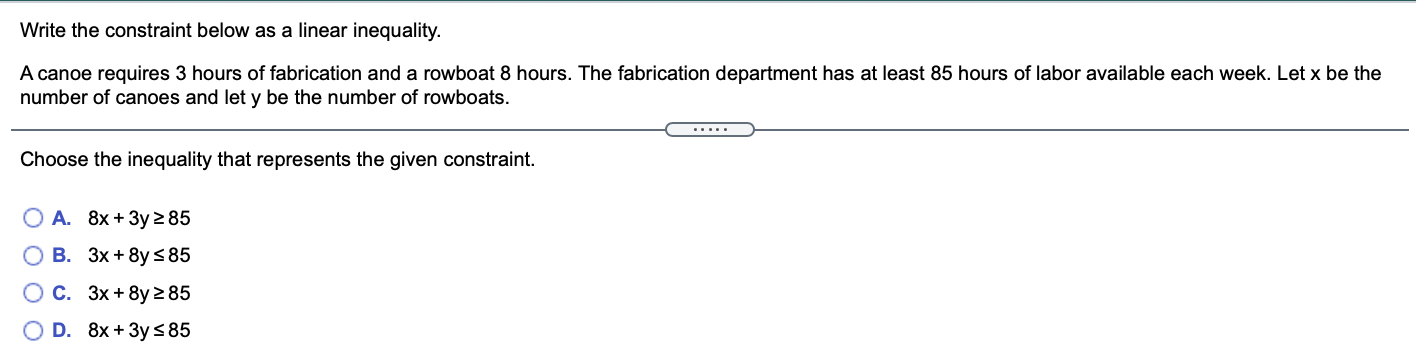 Solved Write the constraint below as a linear inequality. A | Chegg.com