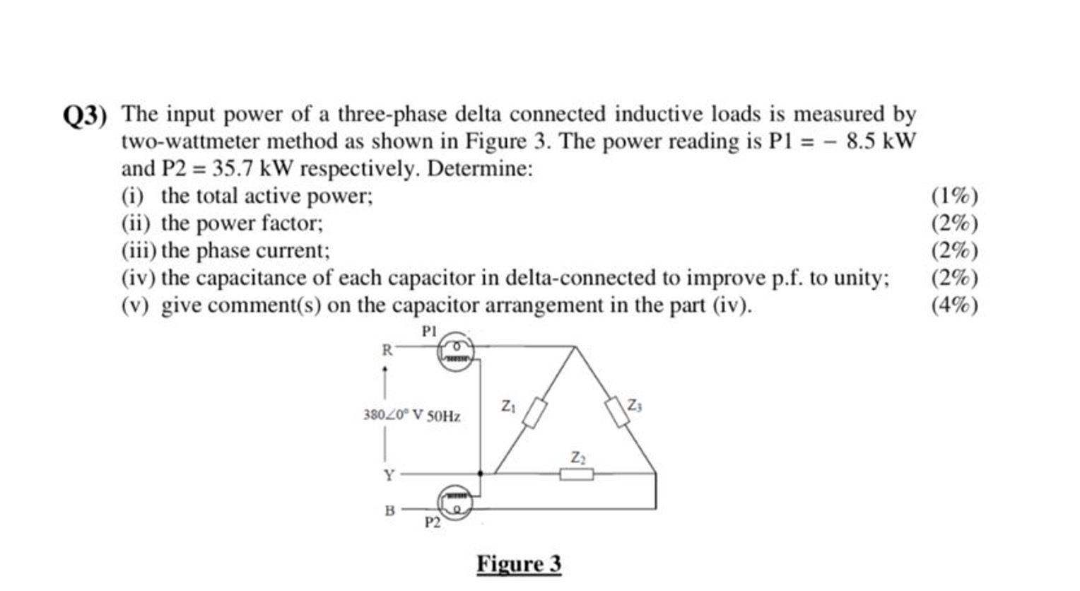 Solved (3) The input power of a three-phase delta connected | Chegg.com