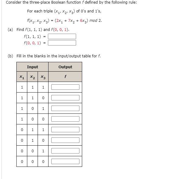 Solved Consider the three-place Boolean function f defined | Chegg.com