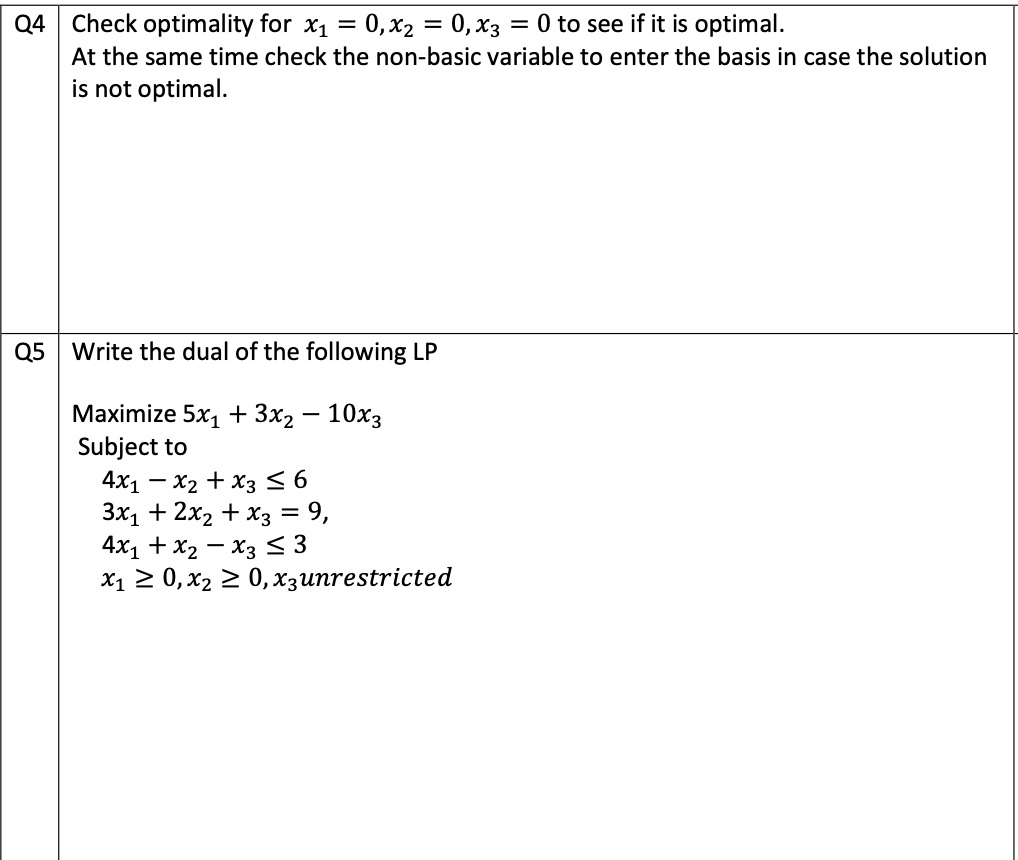 Solved Q4 Check optimality for \\( x_{1}=0, x_{2}=0, x_{3}=0 | Chegg.com