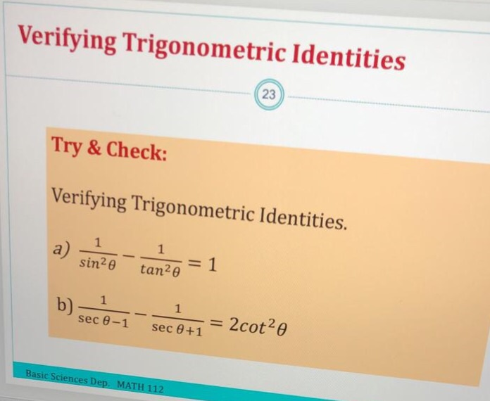 Solved Verifying Trigonometric Identities 23 Try & Check: | Chegg.com