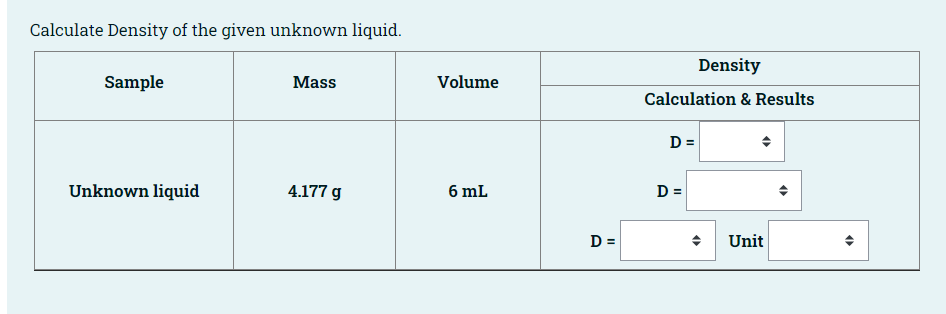 Solved Calculate Density of the given unknown liquid. Sample | Chegg.com