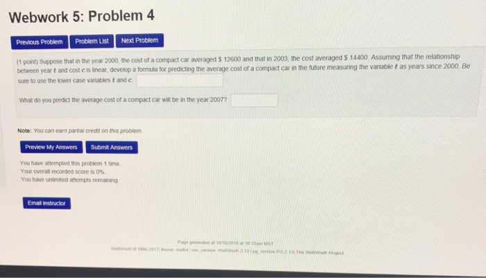 Solved Webwork 5: Problem 4 Previous Problem Problem List | Chegg.com