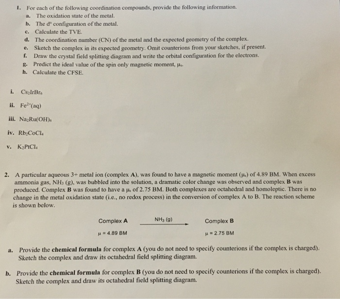 Solved For each of the following coordination compounds, | Chegg.com