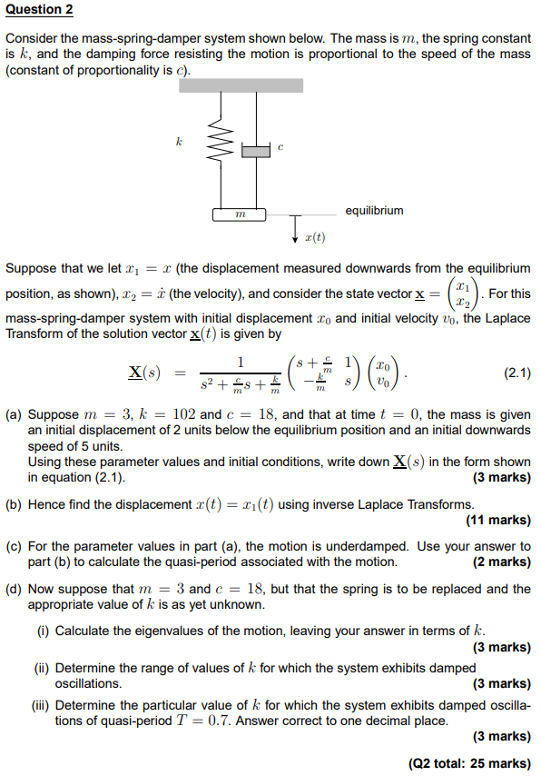 Solved Question 2 Consider the mass-spring-damper system | Chegg.com