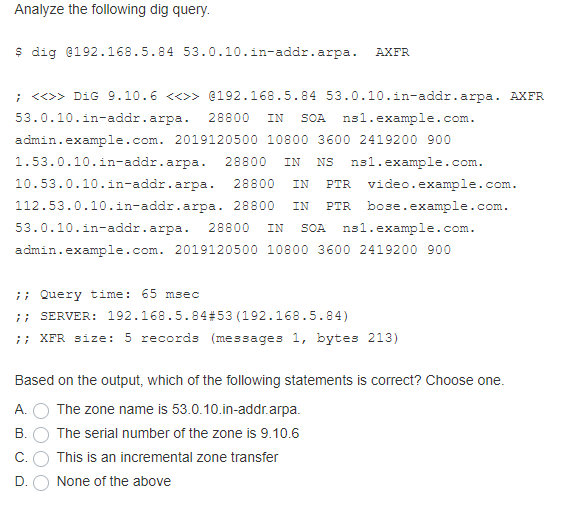 Solved Analyze the following dig query. $ dig @192.168.5.84 | Chegg.com