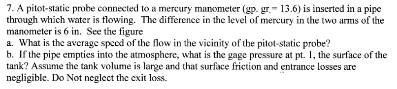 Solved 7. A pitot-static probe connected to a mercury | Chegg.com
