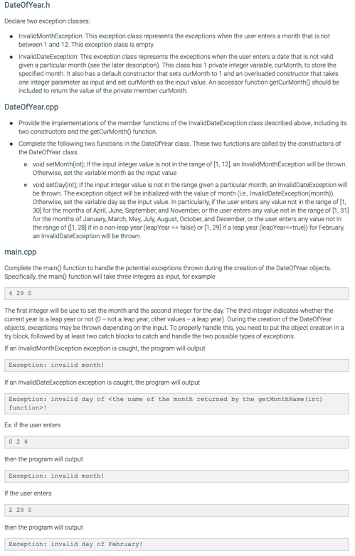Solved DateOfYear.h Declare two exception classes: • | Chegg.com
