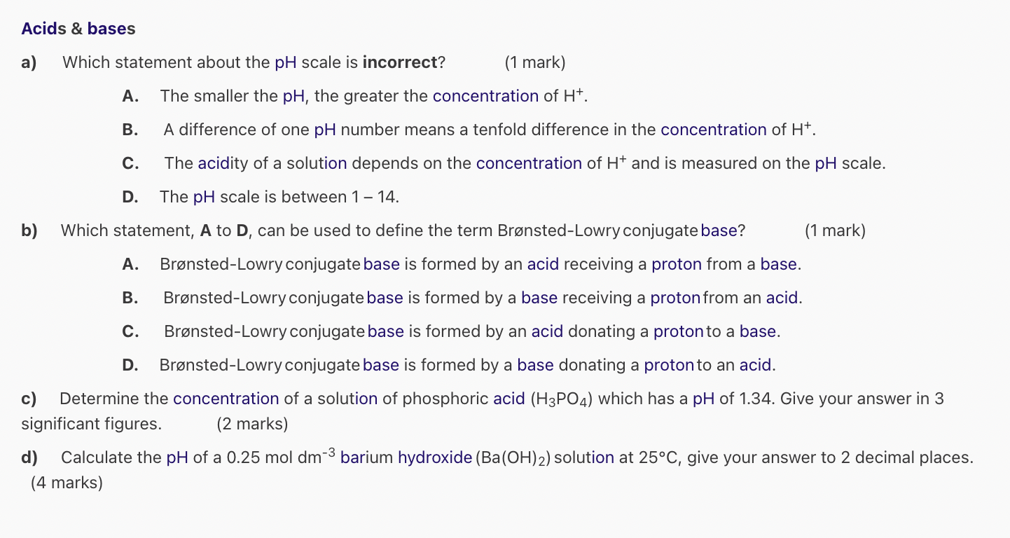 Solved Acids & bases a) Which statement about the pH scale | Chegg.com