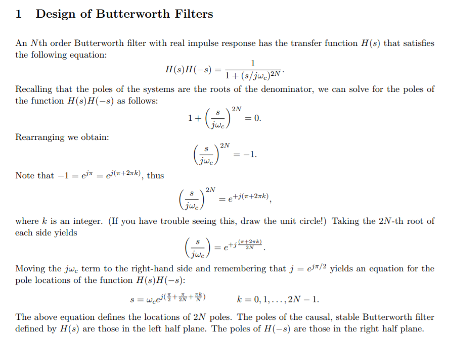 Solved 1 Design of Butterworth Filters An Nth order | Chegg.com