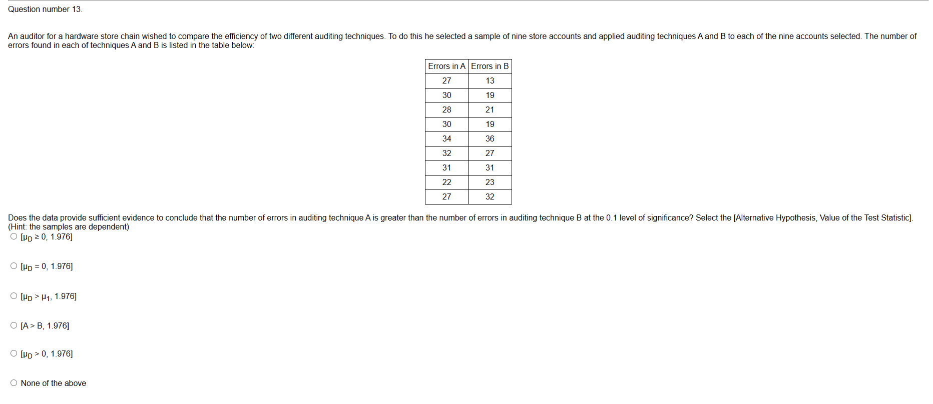 Solved (Hint: the samples are dependent) [μD≥0,1.976] | Chegg.com