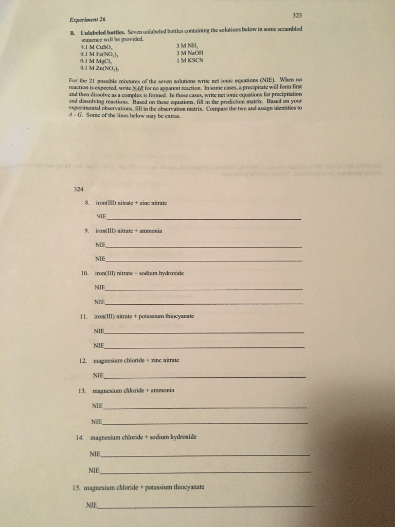 Solved 323 Experiment 26 Unlabeled bottles. Seven unlabeled | Chegg.com