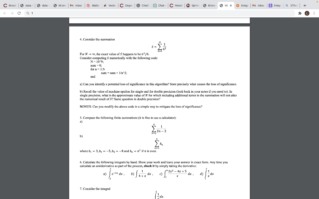 Solved 4. Consider the summation S=∑n=1nn21 For N→∞, the | Chegg.com