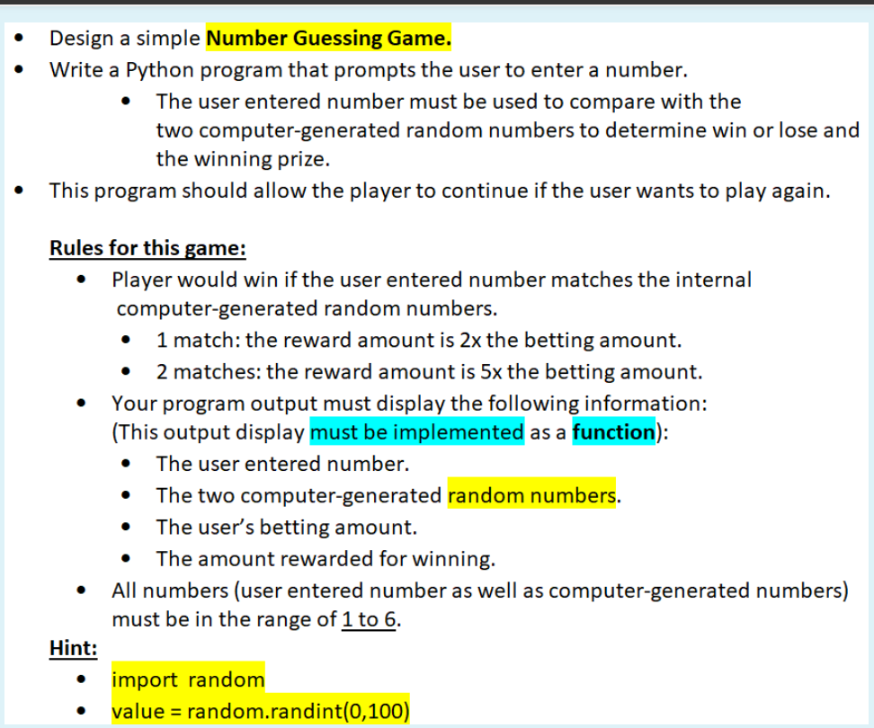 Solved Design a simple Number Guessing Game. Write a Python | Chegg.com
