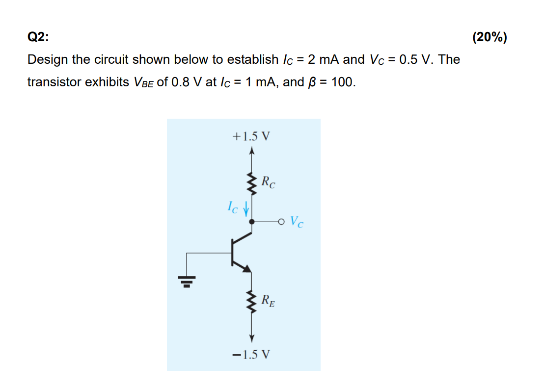 Solved Q2: Design the circuit shown below to establish IC=2 | Chegg.com