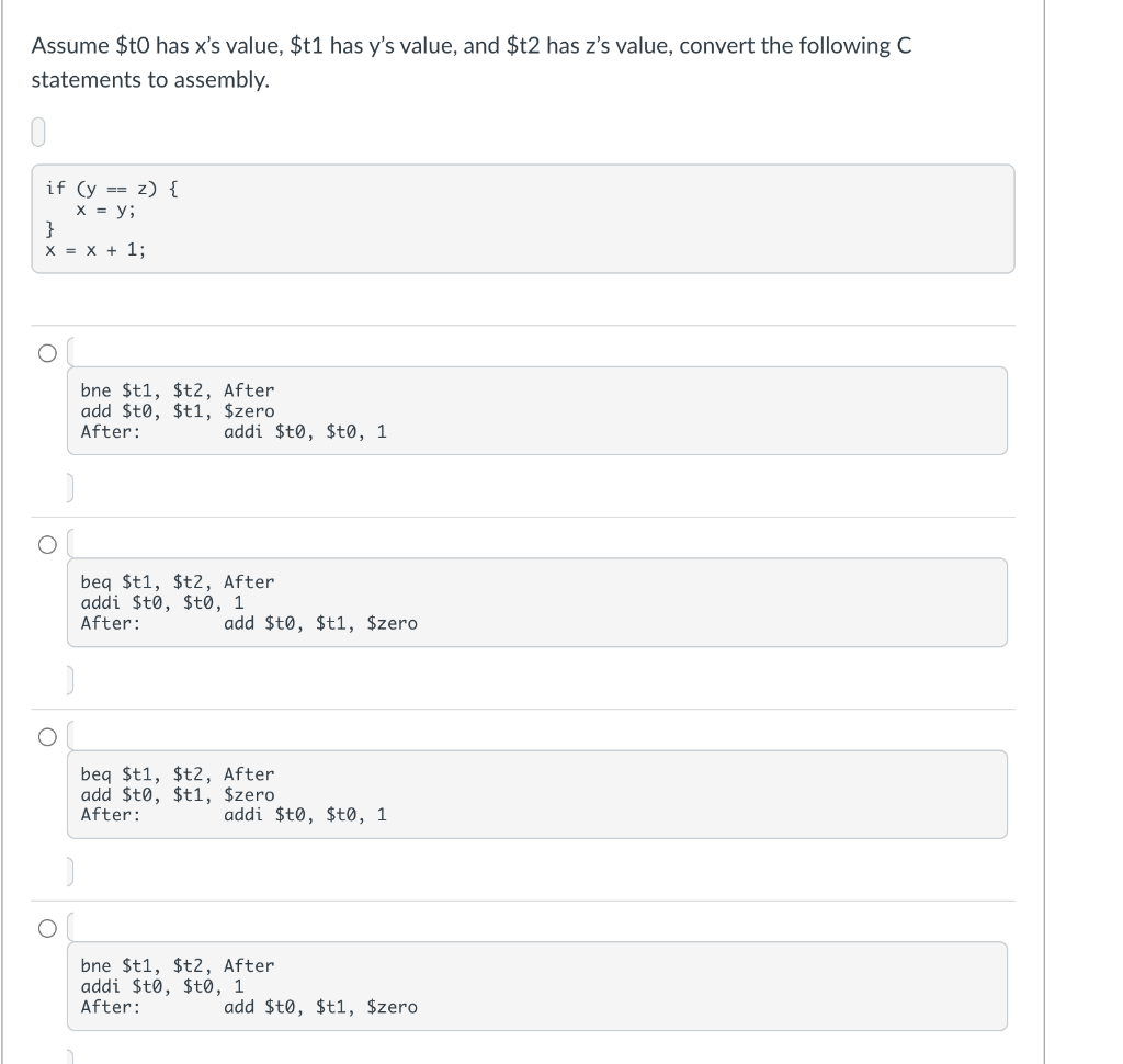 Solved Assume \$t0 has x's value, \$t1 has y's value, and | Chegg.com