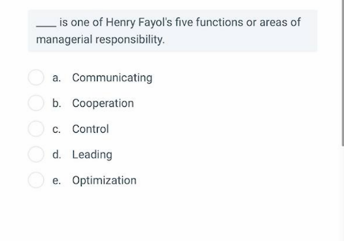 Solved is one of Henry Fayol's five functions or areas | Chegg.com