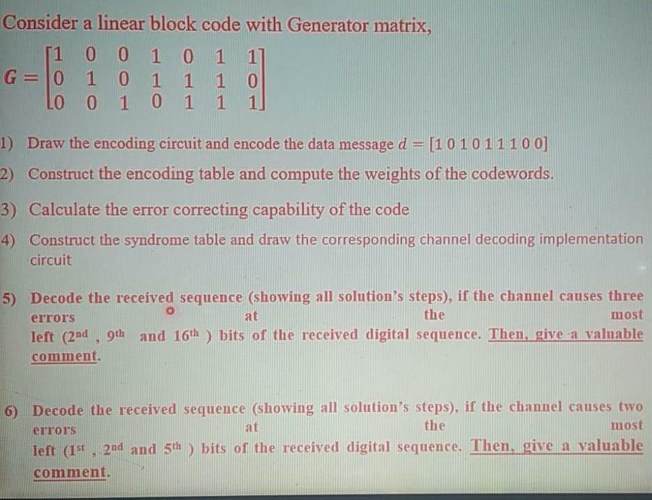 Solved Consider a linear block code with Generator matrix, | Chegg.com