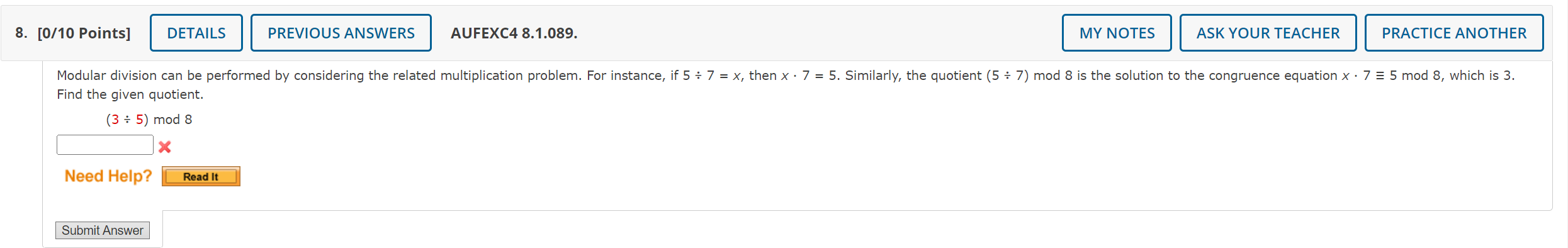 Solved Modular division can be performed by considering the | Chegg.com