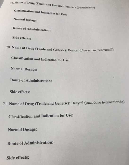 Solved 69, Name of Drug (Trade and Generic): Protonix | Chegg.com