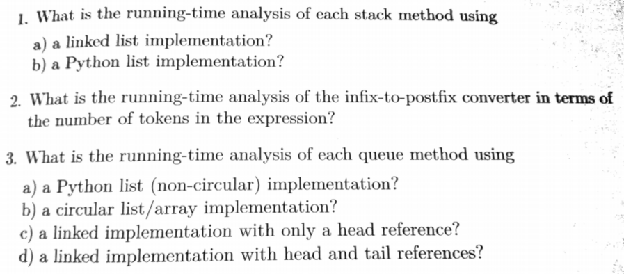 1. What is the running-time analysis of each stack | Chegg.com