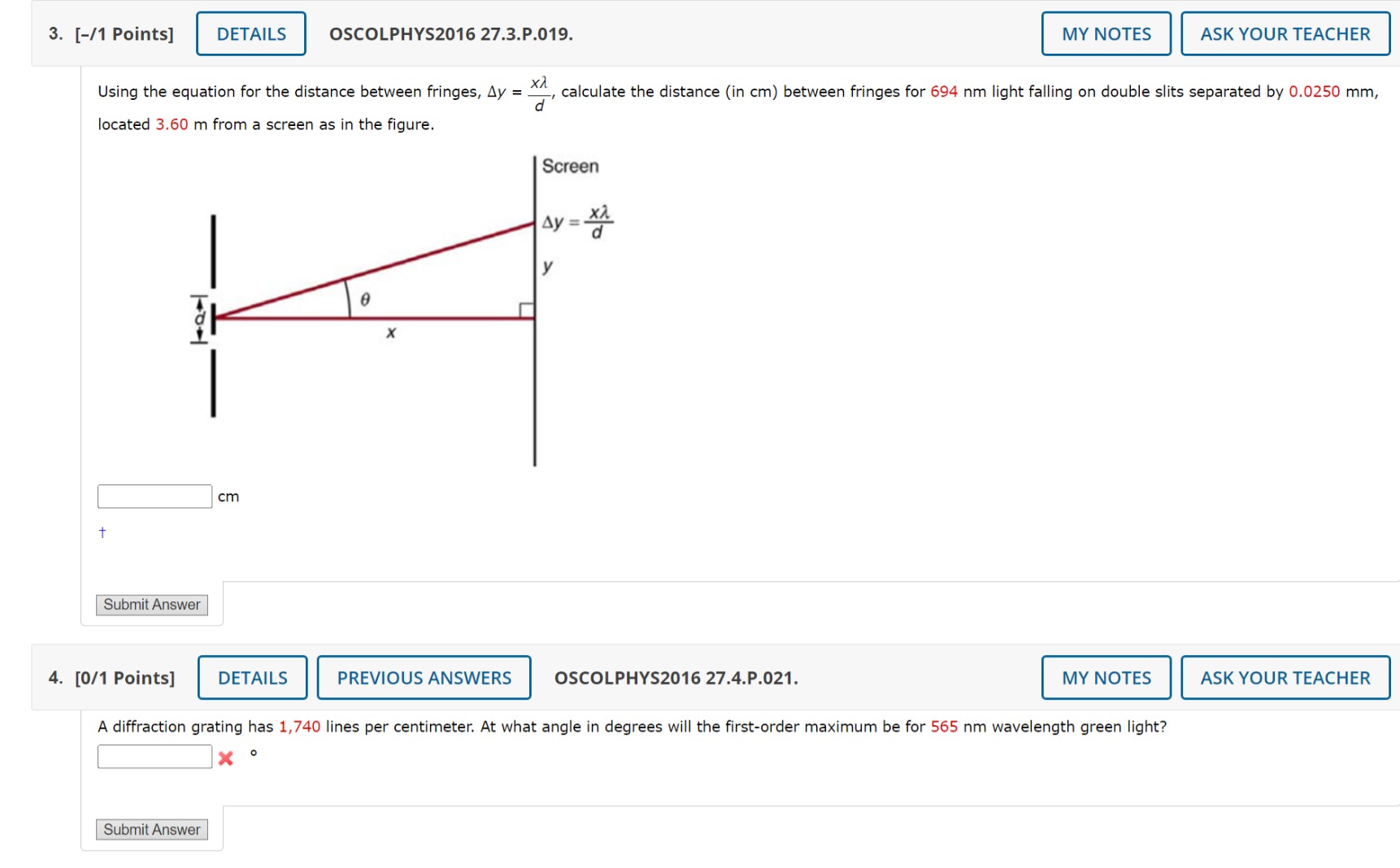 Solved Using the equation for the distance between fringes, | Chegg.com