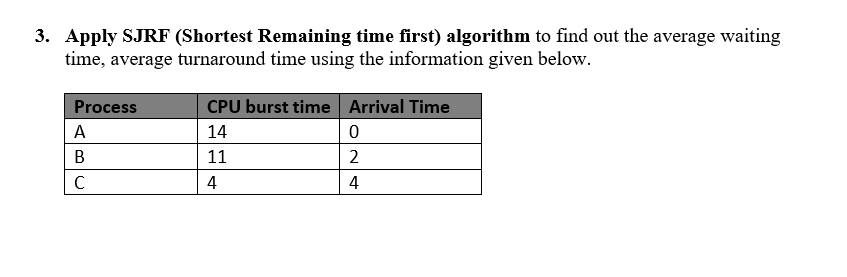 Solved 3. Apply SJRF (Shortest Remaining time first) | Chegg.com