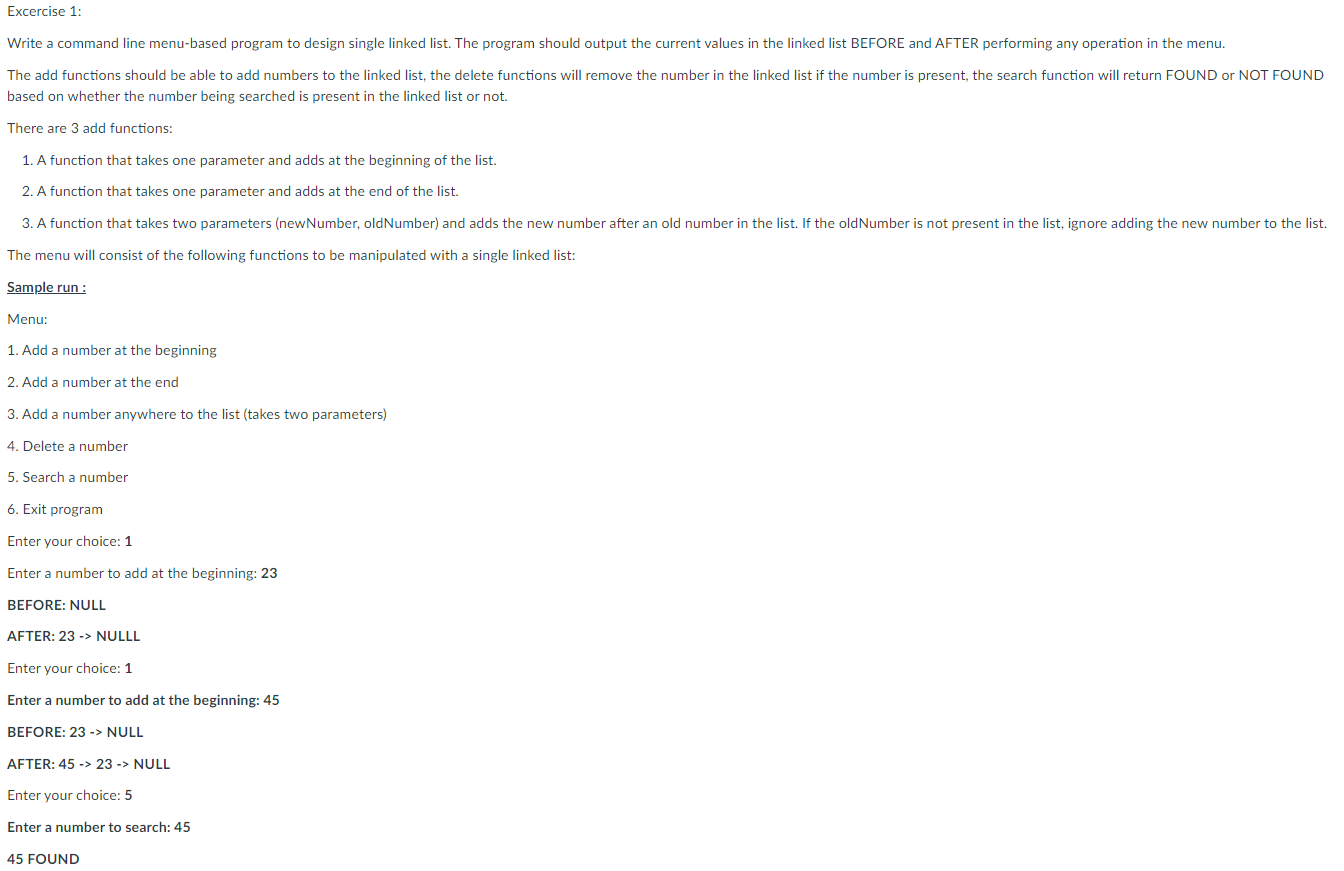 Solved Excercise 1: Write a command line menu-based program | Chegg.com