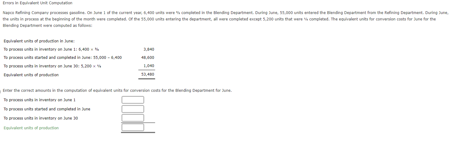 Solved Errors in Equivalent Unit Computation Napco Refining | Chegg.com