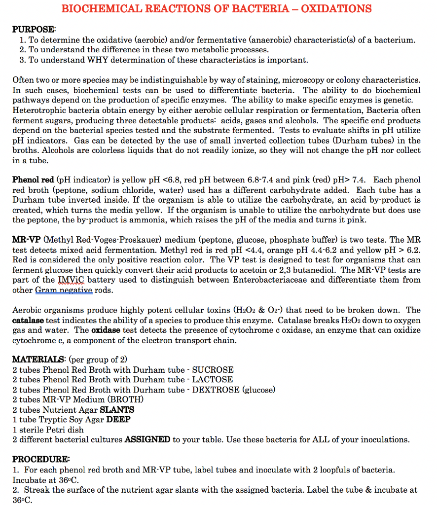 Solved BIOCHEMICAL REACTIONS OF BACTERIA - OXIDATIONS | Chegg.com
