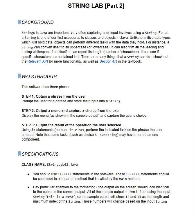 Solved StringLab02.java ; To be clear, we are NOT to use any | Chegg.com