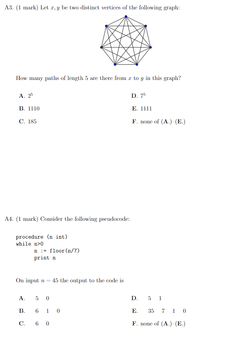 Solved A3. (1 mark) Let x, y be two distinct vertices of the | Chegg.com