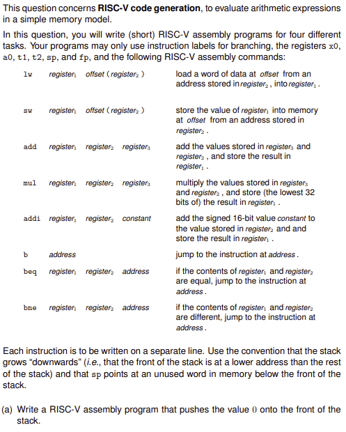 Solved This question concerns RISC-V code generation, to | Chegg.com