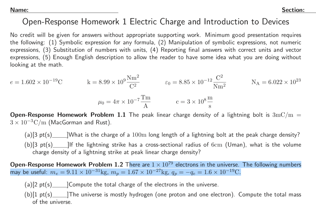 Solved Name: Section: Open-Response Homework 1 Electric | Chegg.com