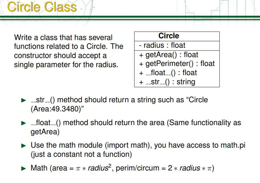 Solved Circle Class Circle Write a class that has several | Chegg.com