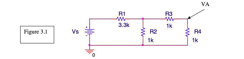 Solved VA R1 R3 3.3k 1k Figure 3.1 Vs R2 R4 1k 1k VB R5=1k | Chegg.com