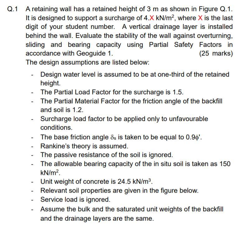 Solved Q.1 A retaining wall has a retained height of 3 m as | Chegg.com