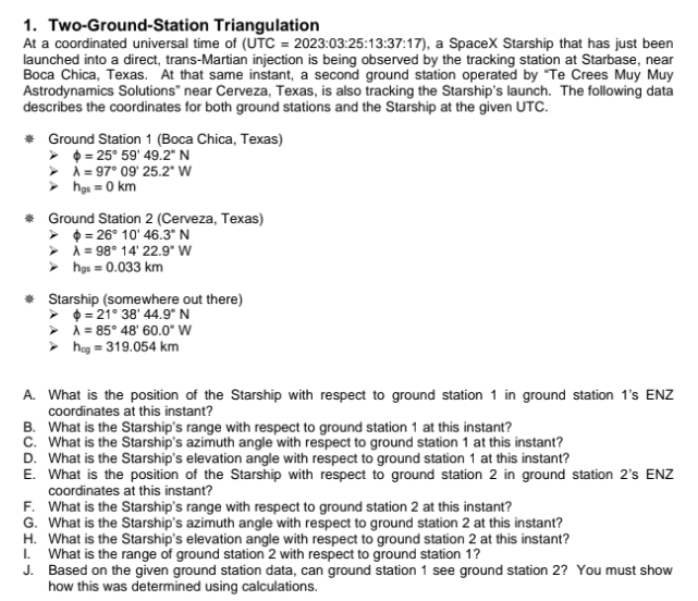 Solved 1. Two-Ground-Station Triangulation At a coordinated | Chegg.com