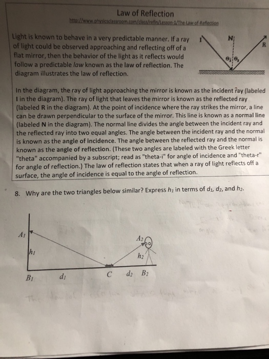 Solved Law of Reflection Light is known to behave in a very | Chegg.com