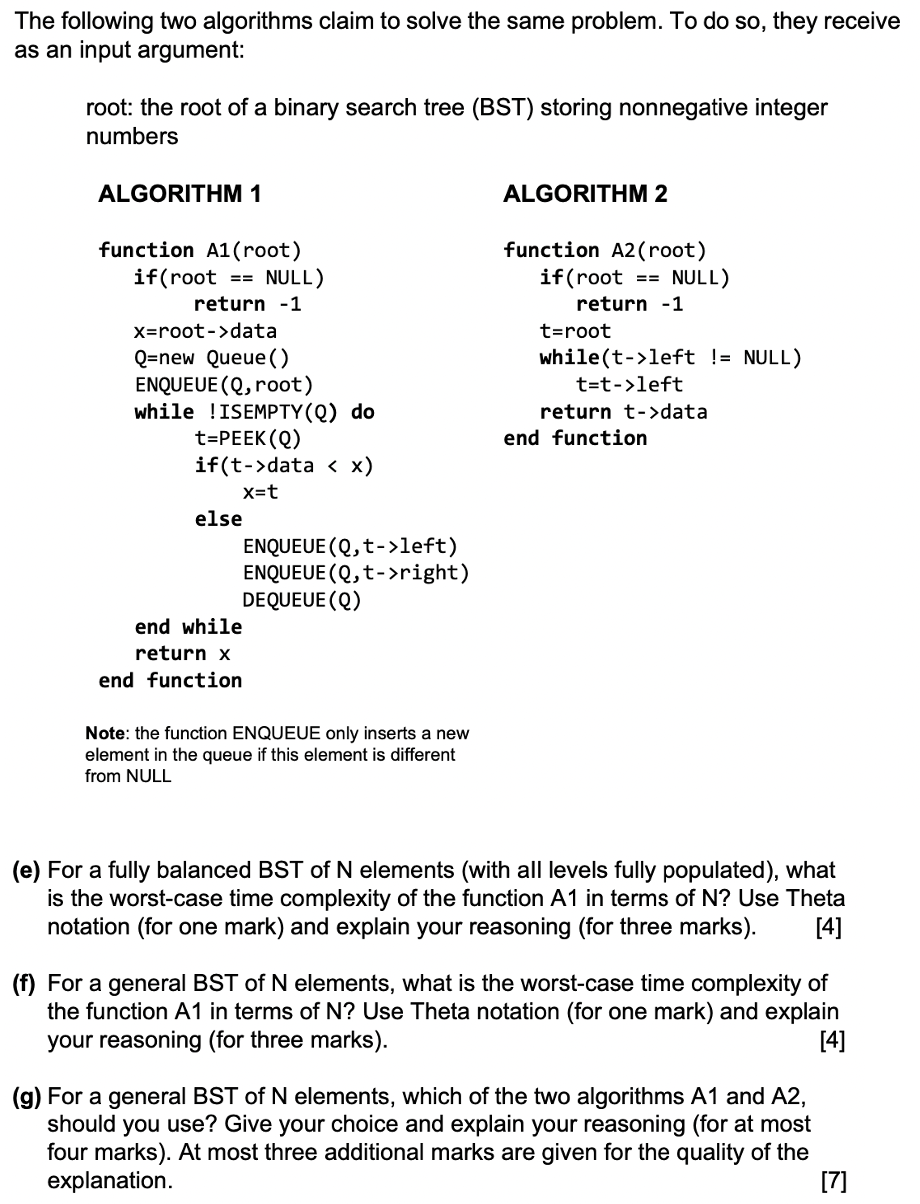 Solved The following two algorithms claim to solve the same | Chegg.com