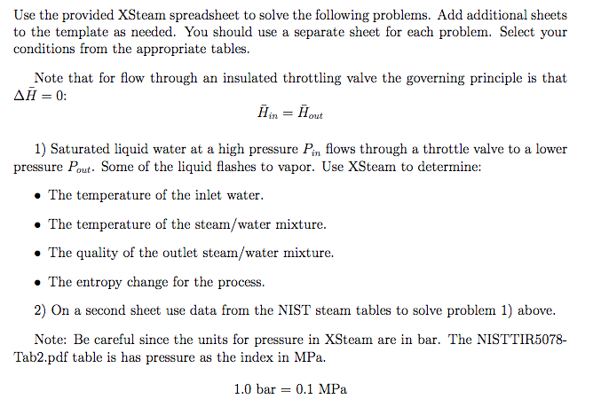 Solved Use the provided XSteam spreadsheet to solve the | Chegg.com