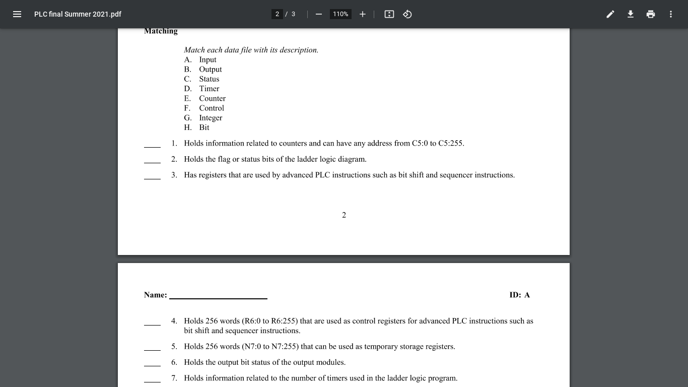 Solved = PLC final Summer 2021.pdf 2 / 3 110% + Matching | Chegg.com