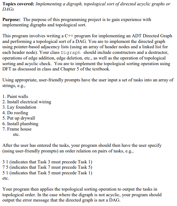 Topics covered: Implementing a digraph, topological | Chegg.com