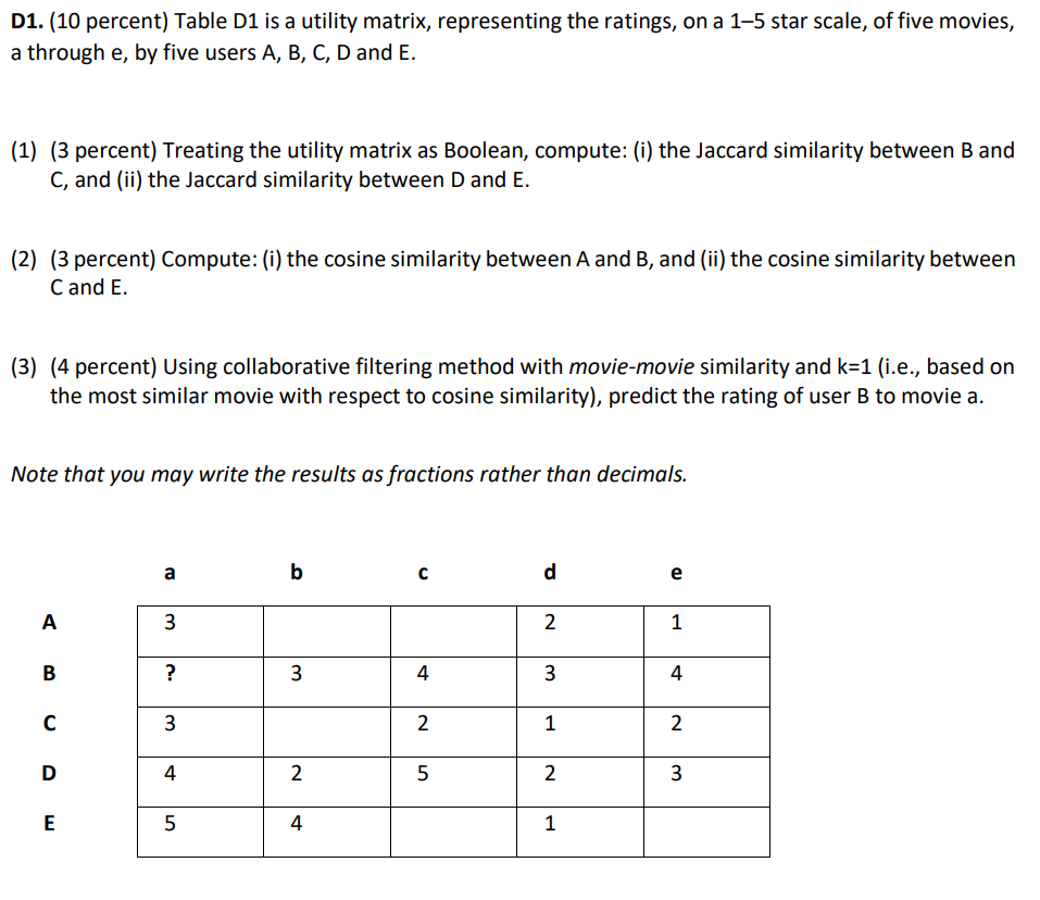 D1. (10 percent) Table D1 is a utility matrix, | Chegg.com