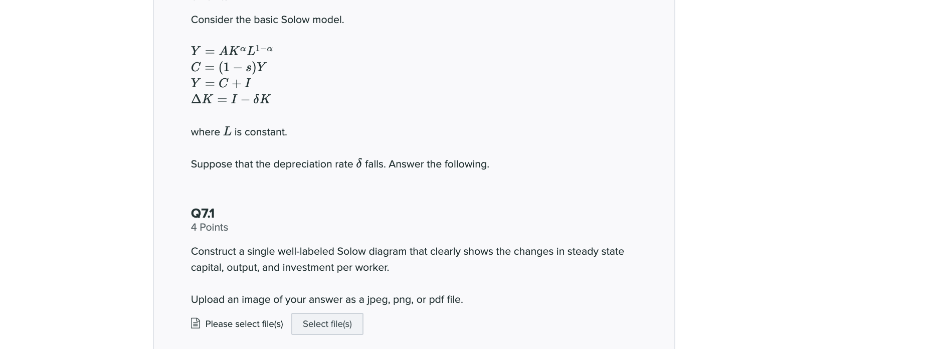 Solved Consider the basic Solow model. Y = AKL1-a C = (1 – | Chegg.com
