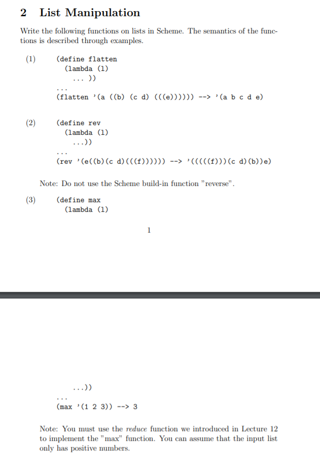 2 List Manipulation Write the following functions on | Chegg.com