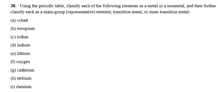 Solved 38. Using the periodic table, classify each of the | Chegg.com