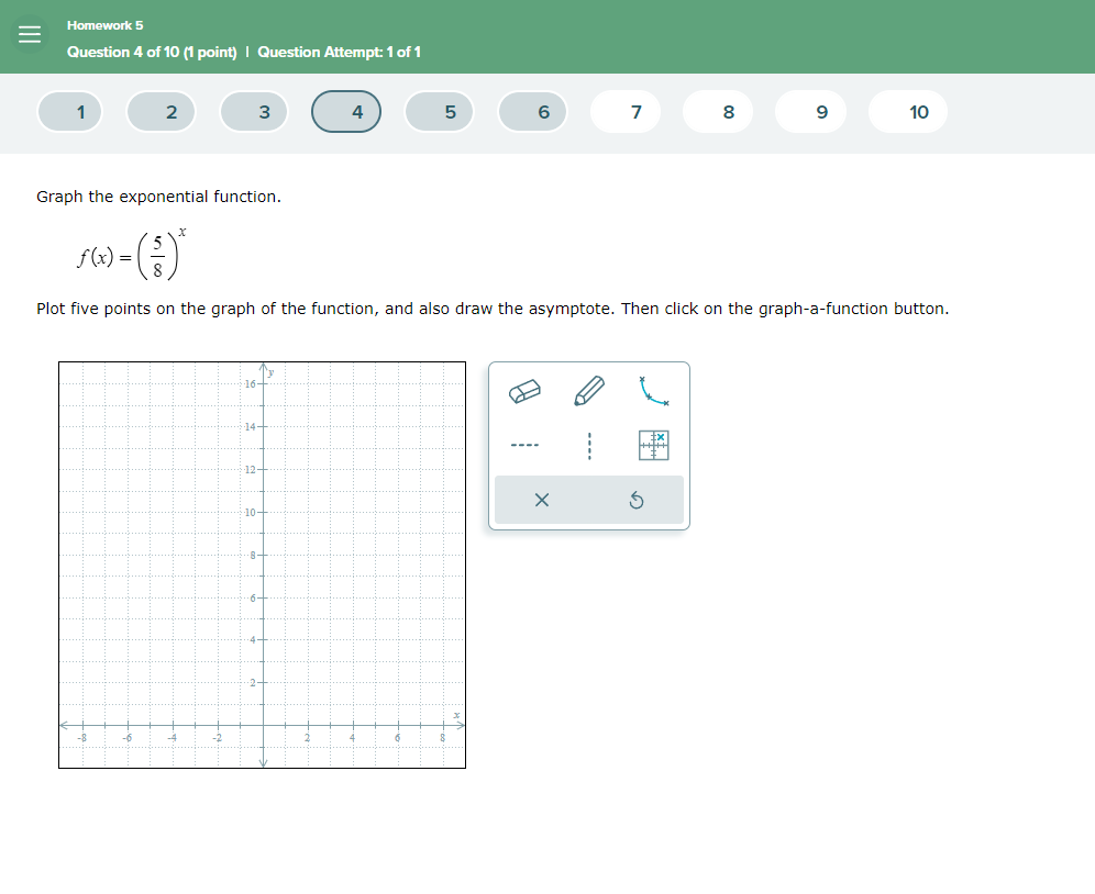 Solved 4. ﻿Graph the exponential function.f(x)=(58)xPlot | Chegg.com