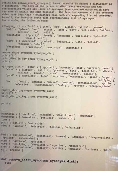 Solved Define the remove_short synonyms) function which is | Chegg.com